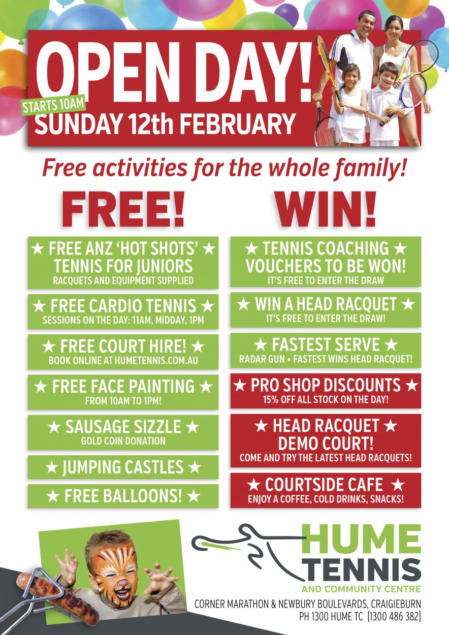 Hume Tennis & Community Centre - Tennis Open Day, Sunday Feb 12th: 10am-2pm